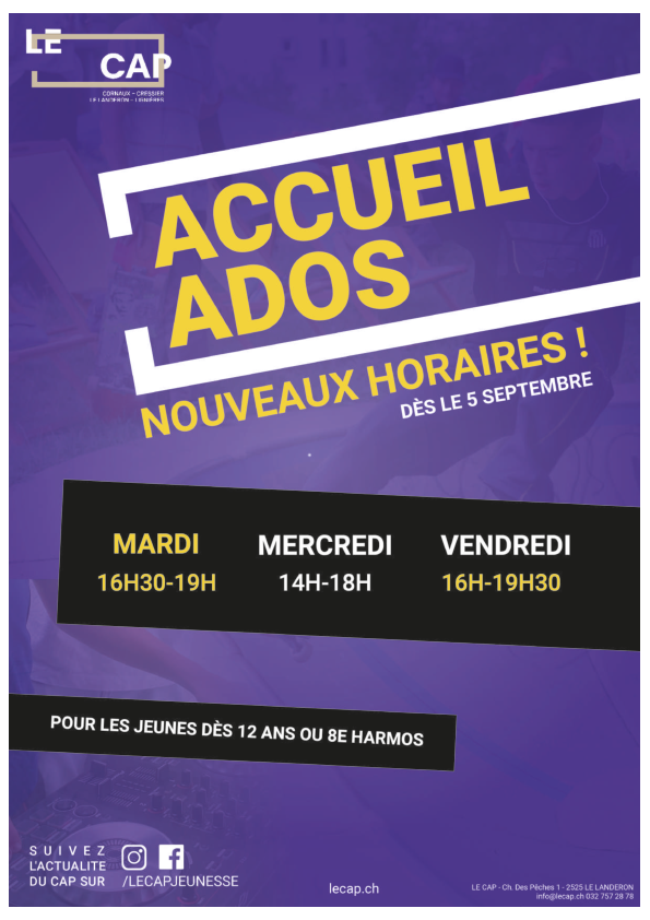 Le Cap - Nouveaux horaires de l’Accueil Ados - Le Landeron